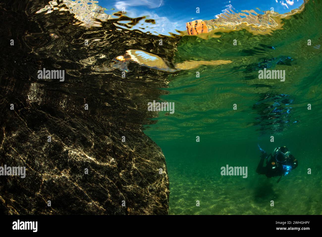 Mountain lake diving Stock Photo - Alamy