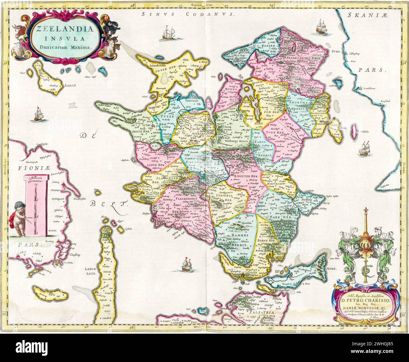 historical map of the Isle of Zealand, Denmark, Willem and Johannes Joan Blaeu, ca 1665 Stock ...