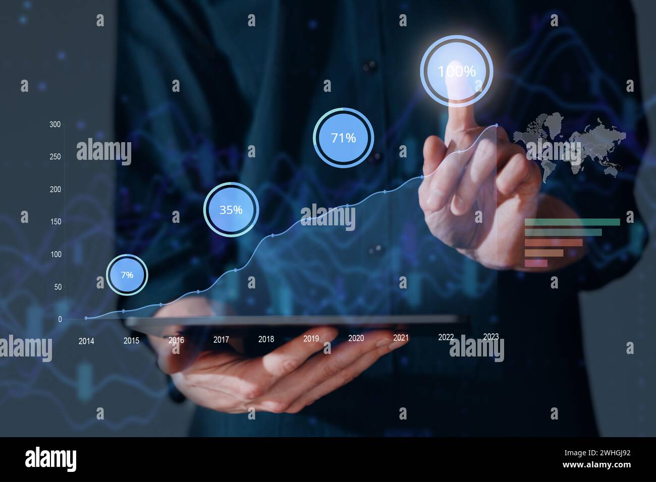 Virtual tablet PC screen with chart graph and businessman hand working ...