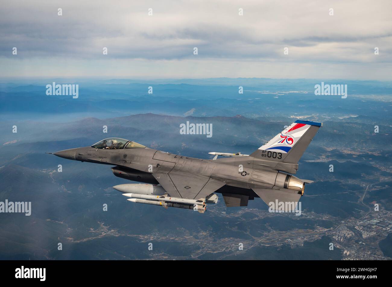 A U.S. Air Force F-16 soars over the southern coast of the Republic of ...