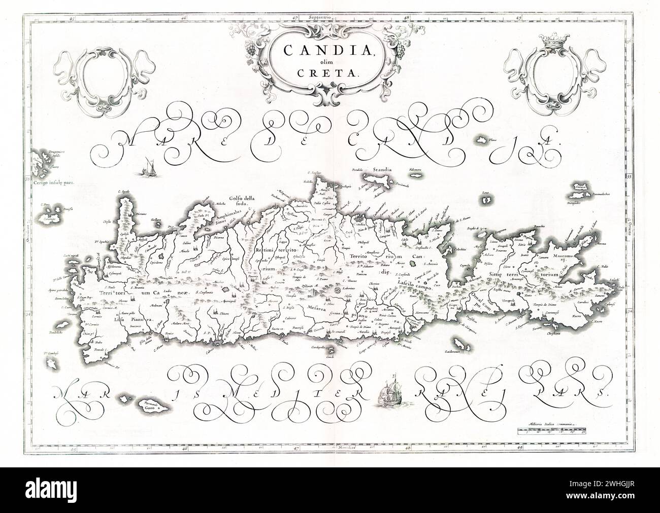 historical map of Crete, Greece, Willem and Johannes Joan Blaeu, ca ...