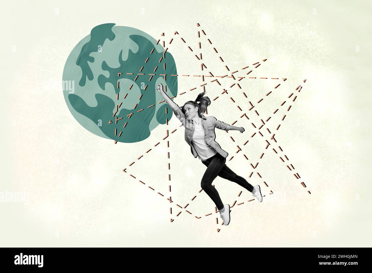 Collage artwork graphics picture of purposeful lady flying around world ...