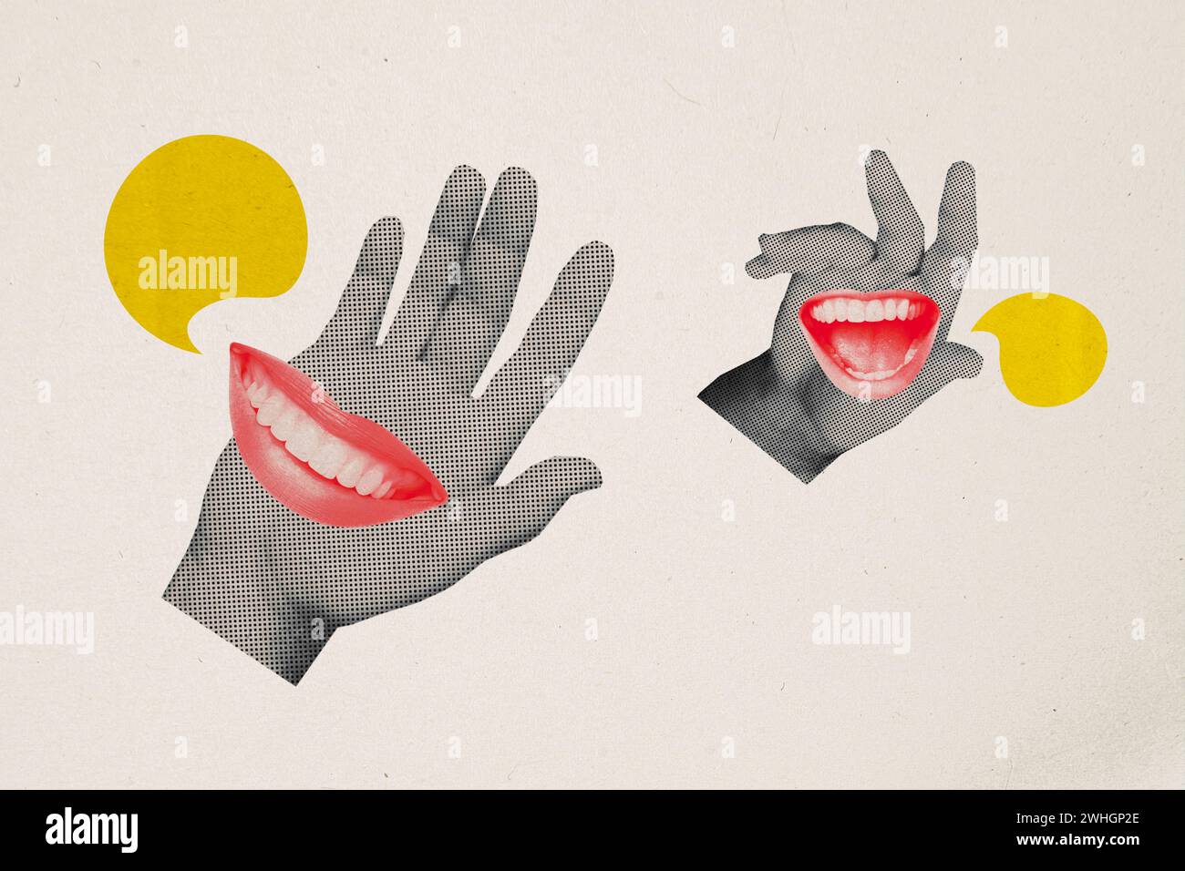 Photo collage caricature picture human arms body parts fragments palms ...