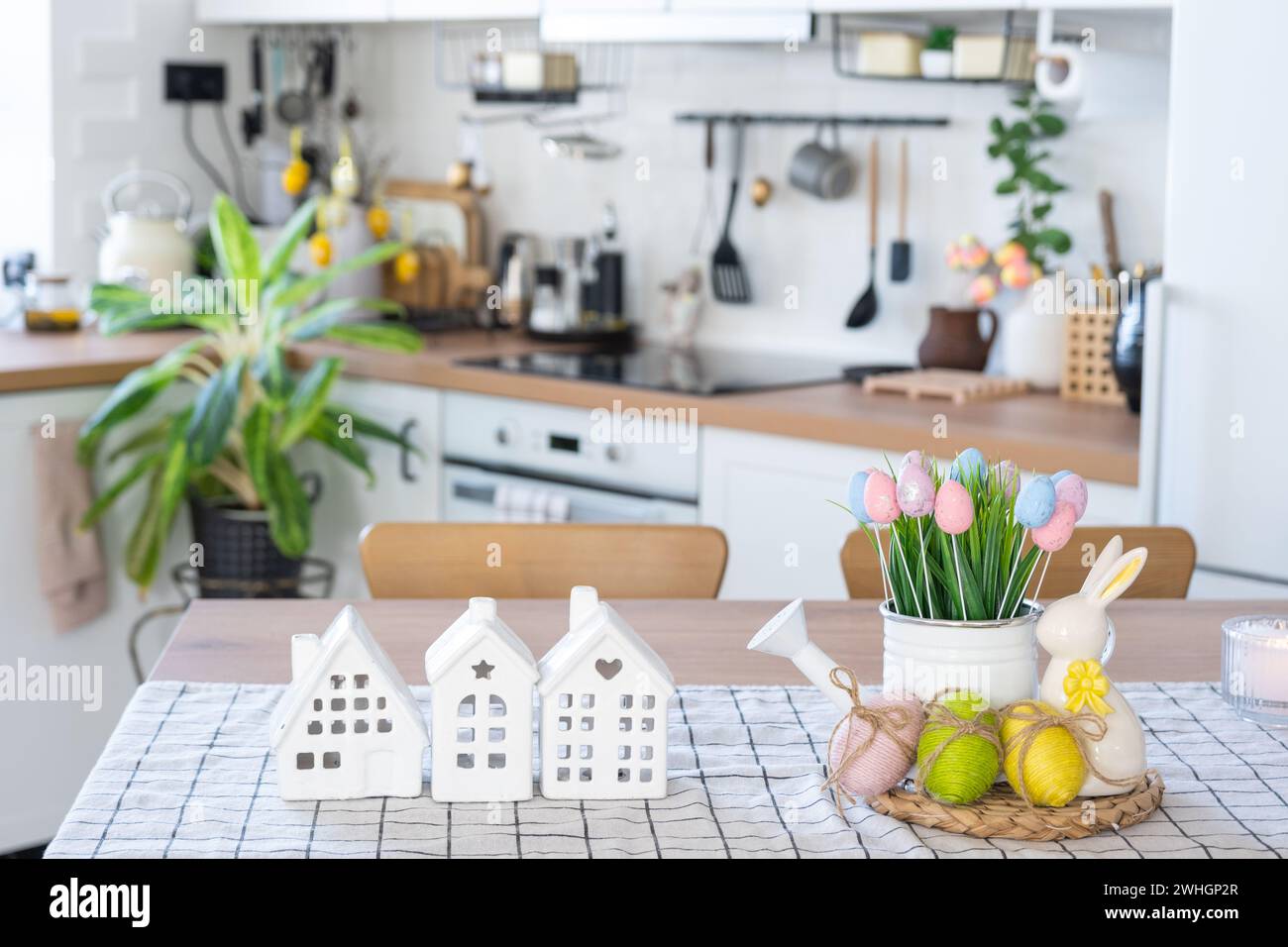 Key to house of cozy home with Easter decor with rabbit and eggs on ...