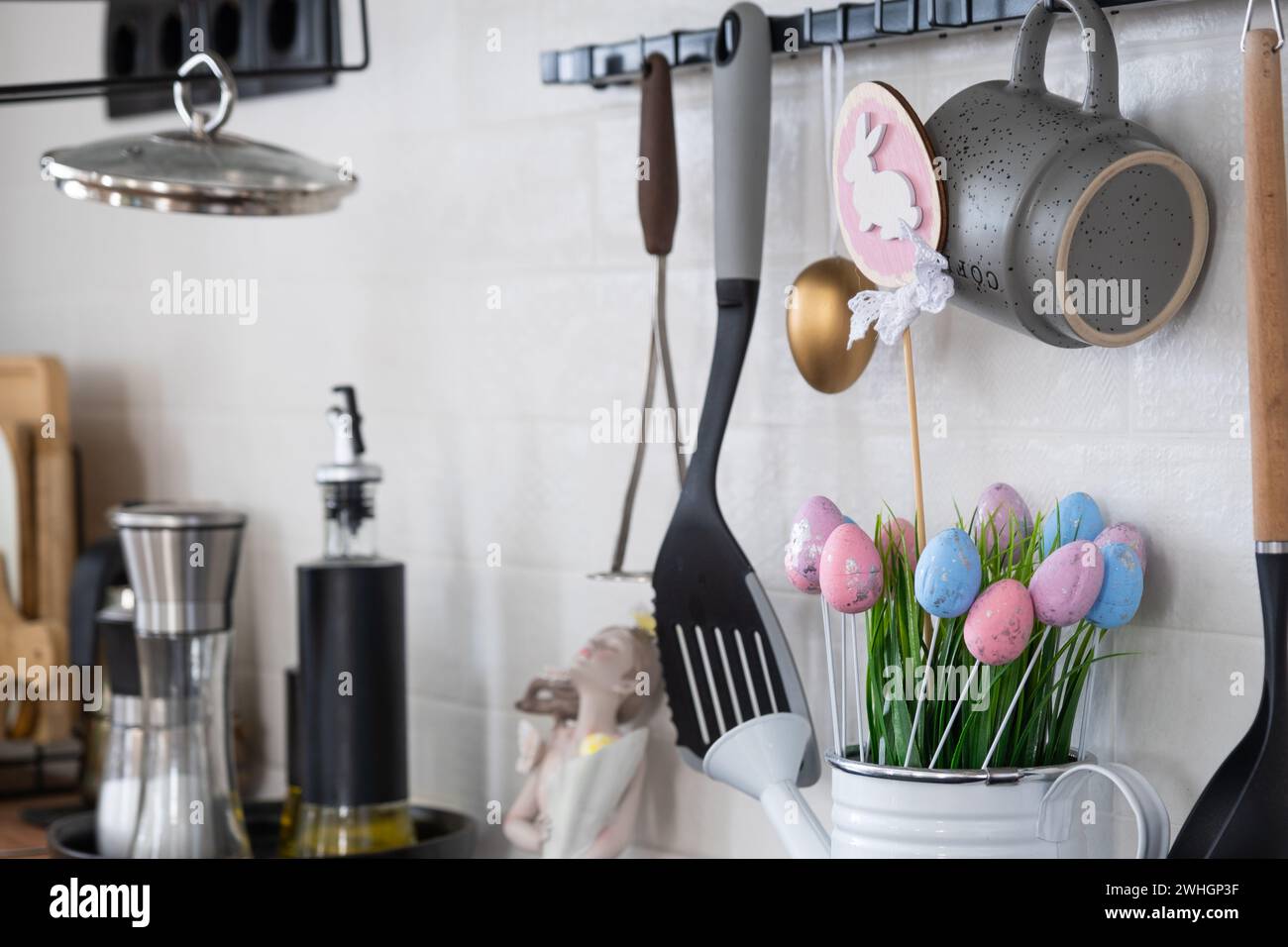 Interior of kitchen and details of decor of utensils with Easter ...