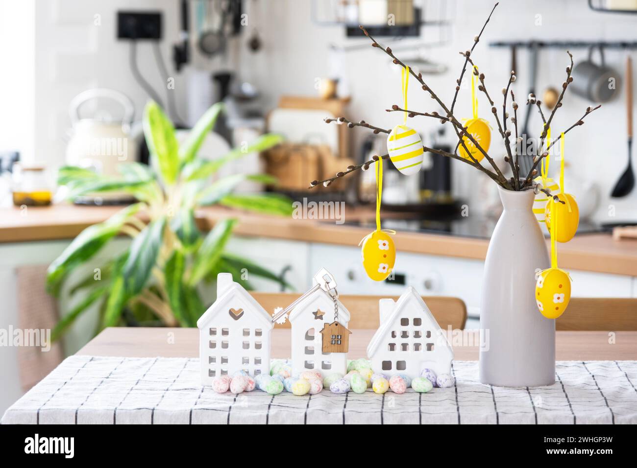 Key to house of cozy home with Easter decor with rabbit and eggs on ...