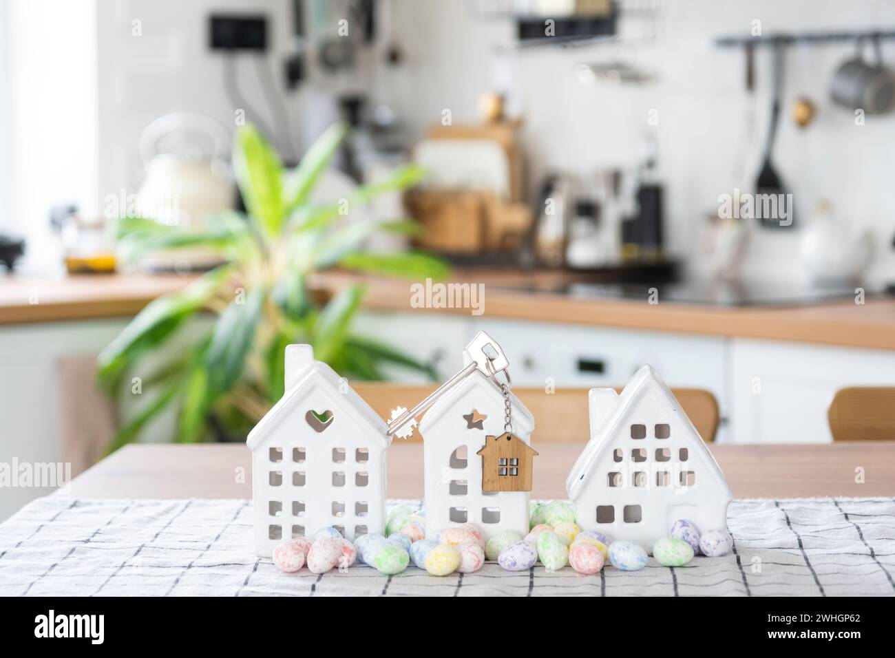 Key to house of cozy home with Easter decor with rabbit and eggs on ...