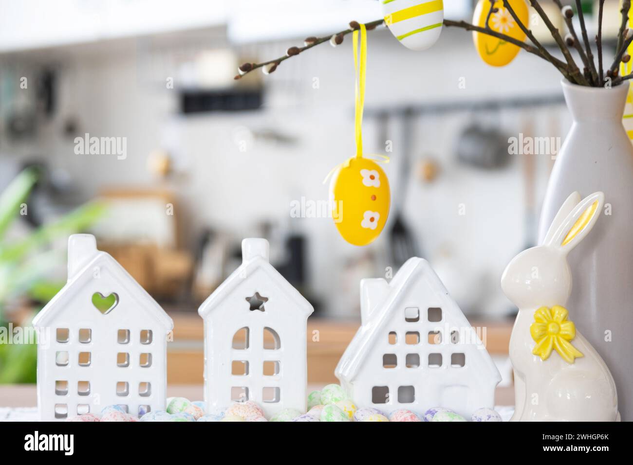 Key to house of cozy home with Easter decor with rabbit and eggs on ...