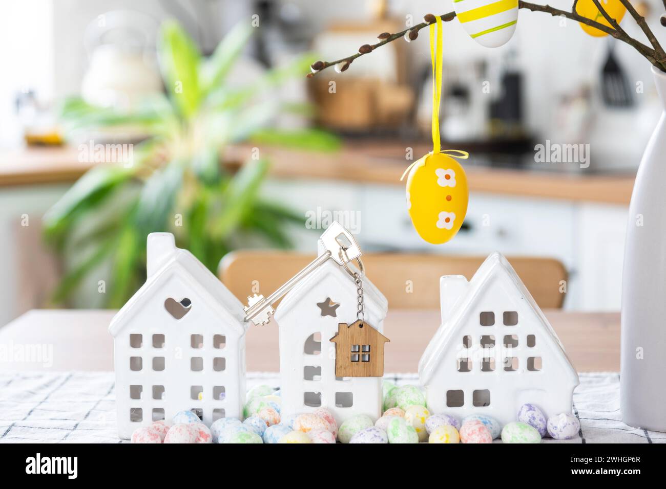 Key to house of cozy home with Easter decor with rabbit and eggs on ...