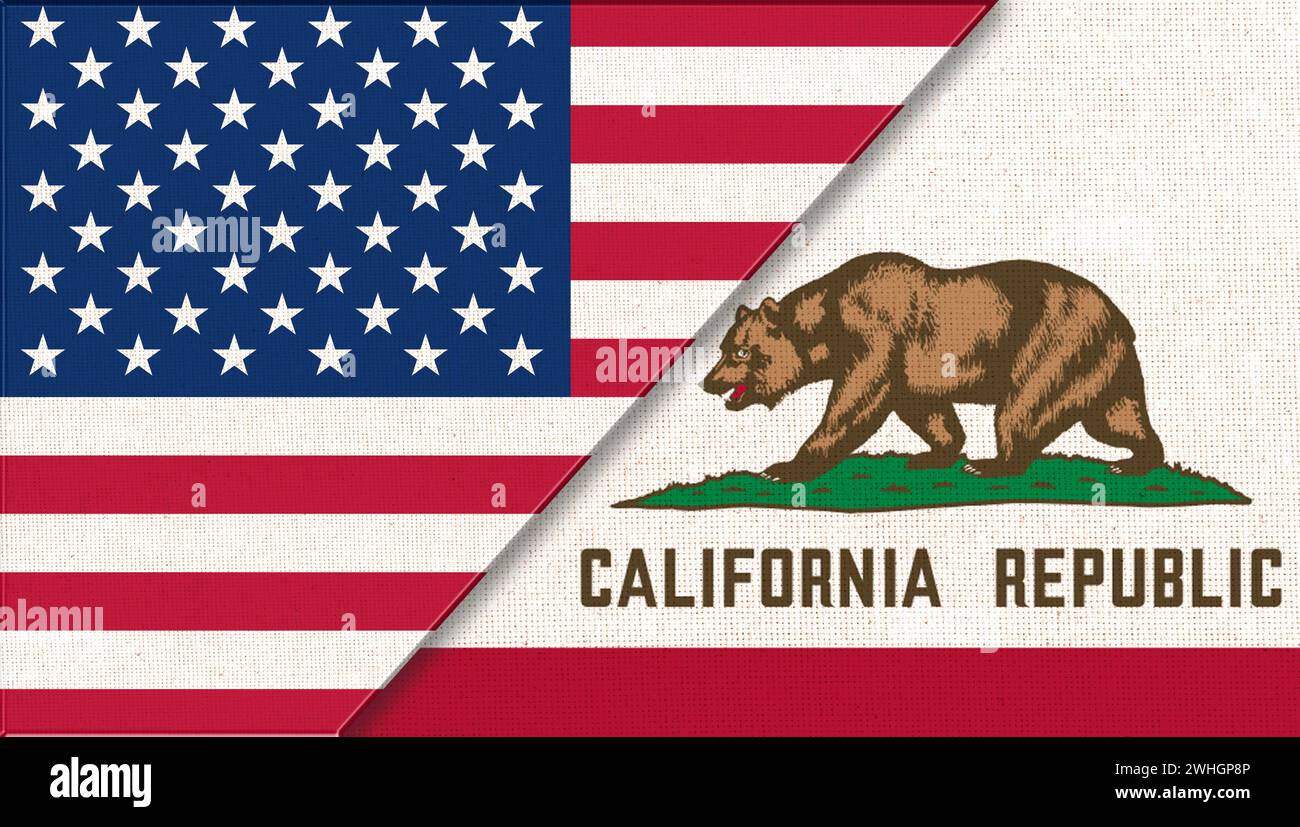 Flags of USA and California. Political concept. Flags of California and ...