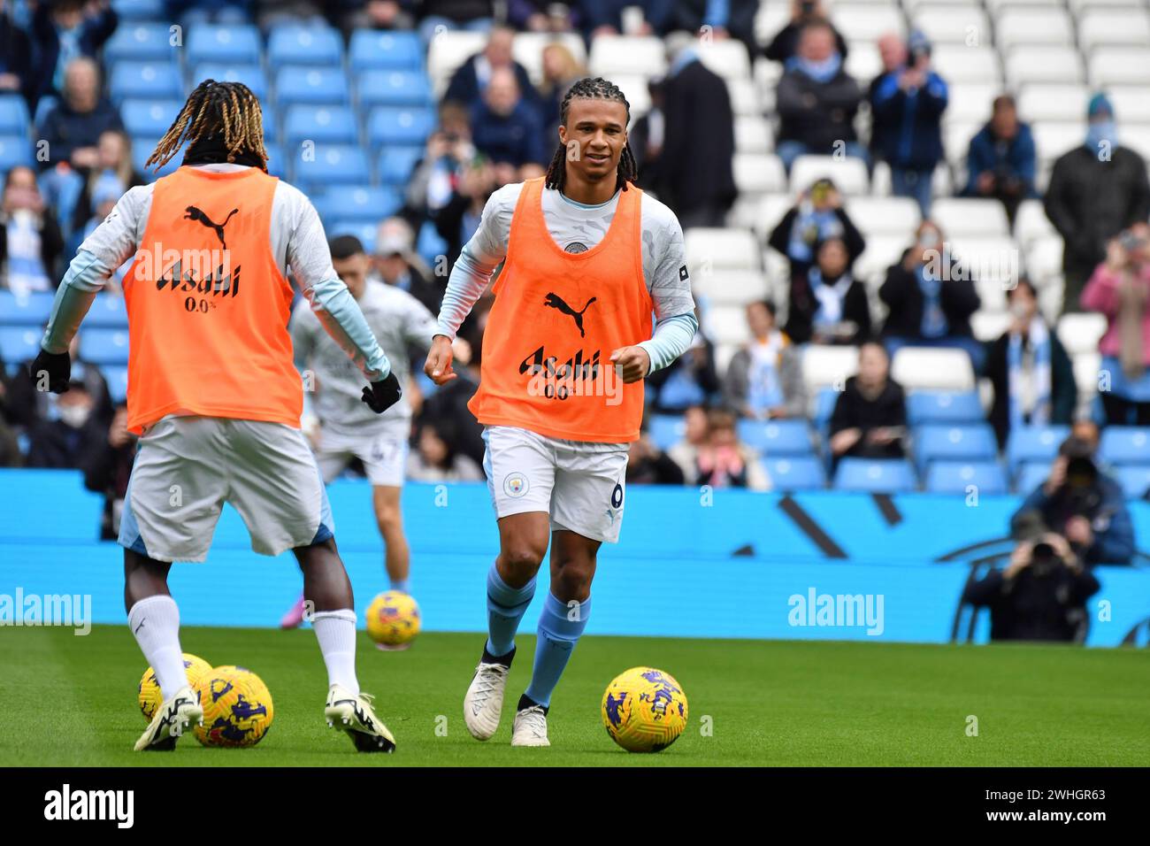 Manchester City's Nathan Ake warms up prior to the start of the English ...