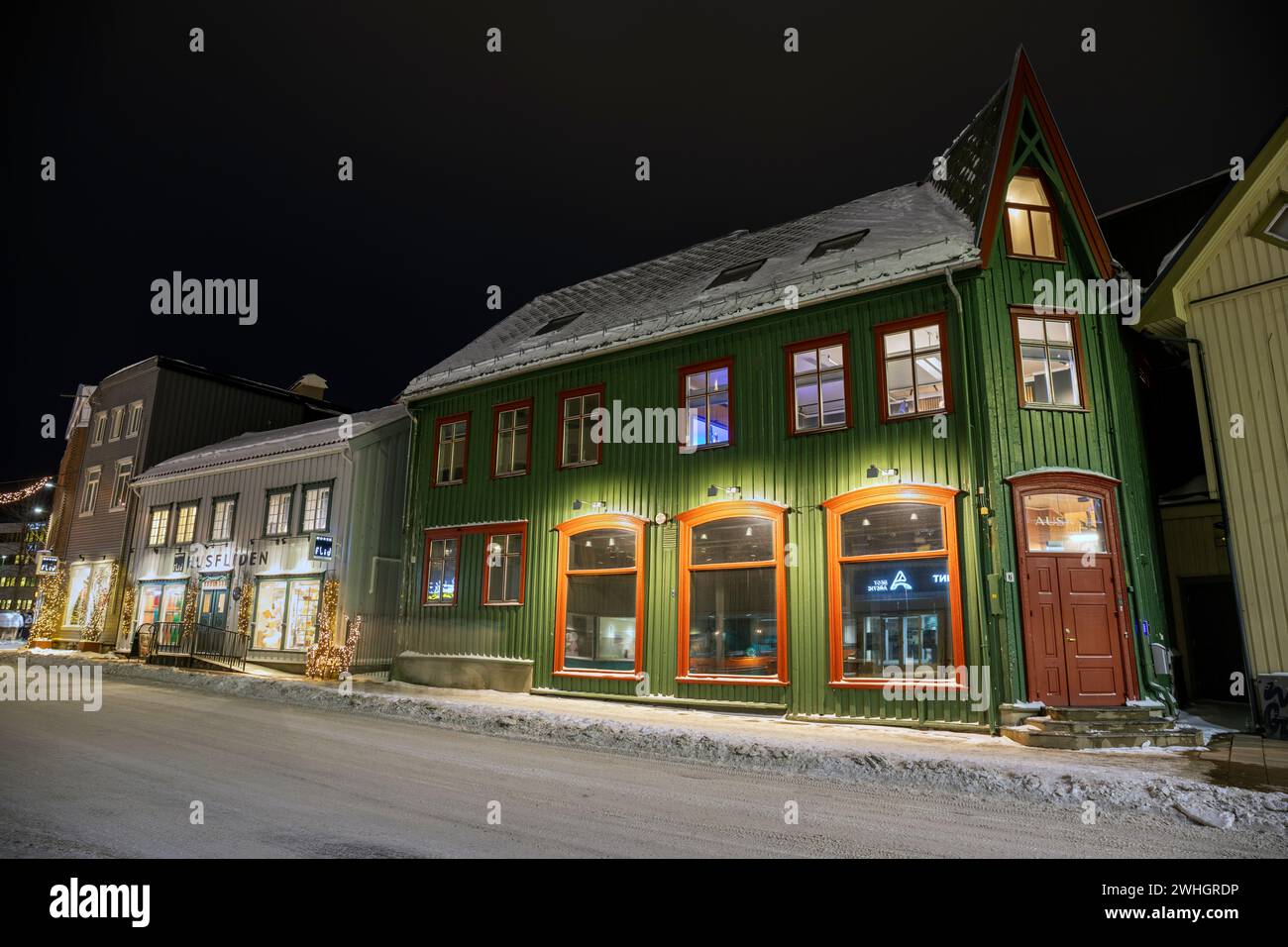 Europe, Norway, Tromso, Typical Architecture and Shops on Sjogata (Road ...