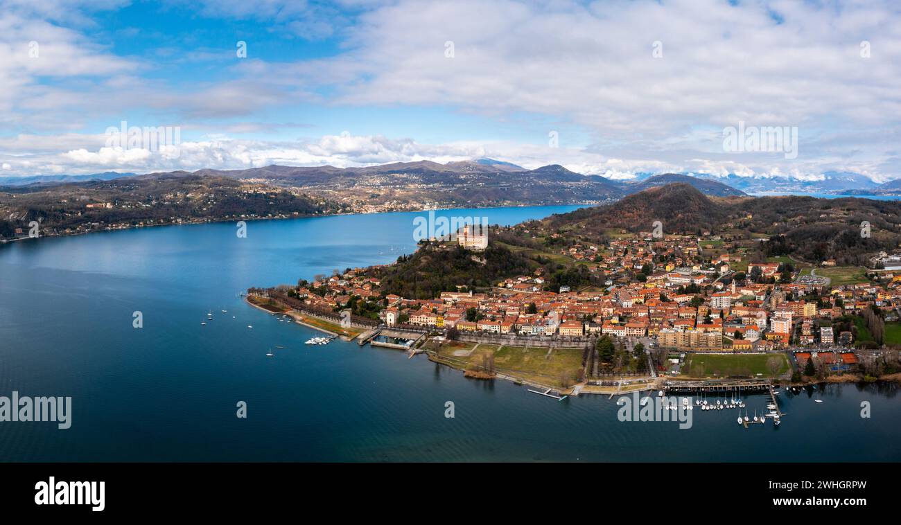 Panorama landscape of Lake Maggiore and Angera with Borromeo Castle on ...