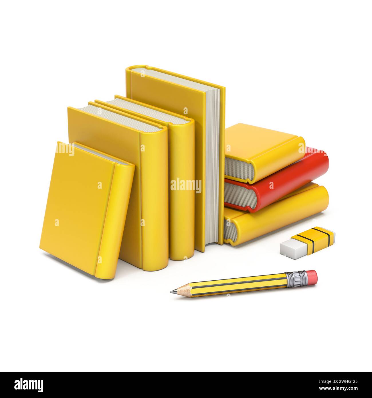 Stack of yellow books with pencil and eraser 3D Stock Photo - Alamy