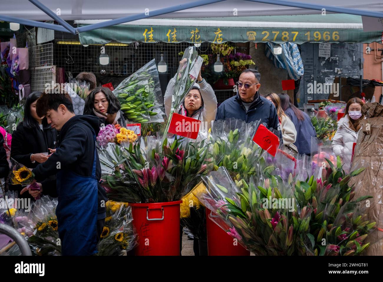 Hong Kong, China. 09th Feb, 2024. People purchase flowers at Mong Kok ...