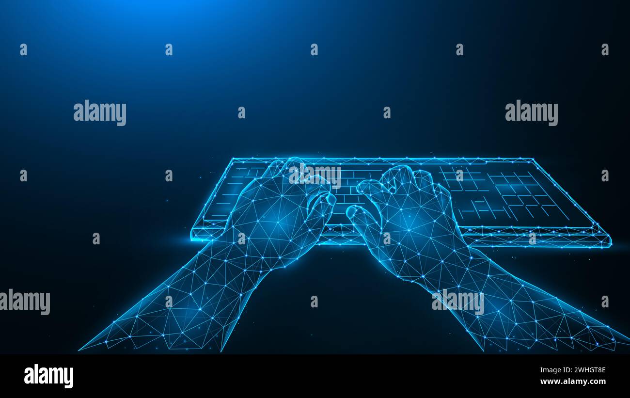 Polygonal vector illustration of hands and computer keyboard on a dark ...