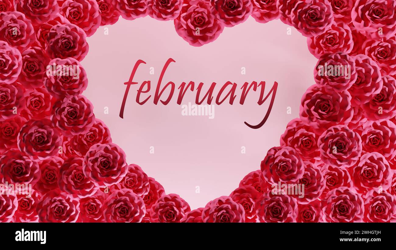 Month FEBRUARY text isolated on pink roses heart frame 8k illustration ...