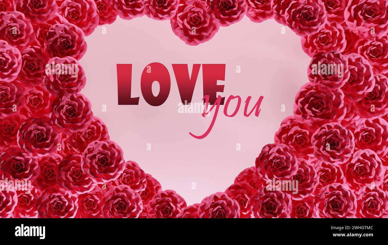 Love you text isolated on pink roses heart frame 8k illustration Stock ...