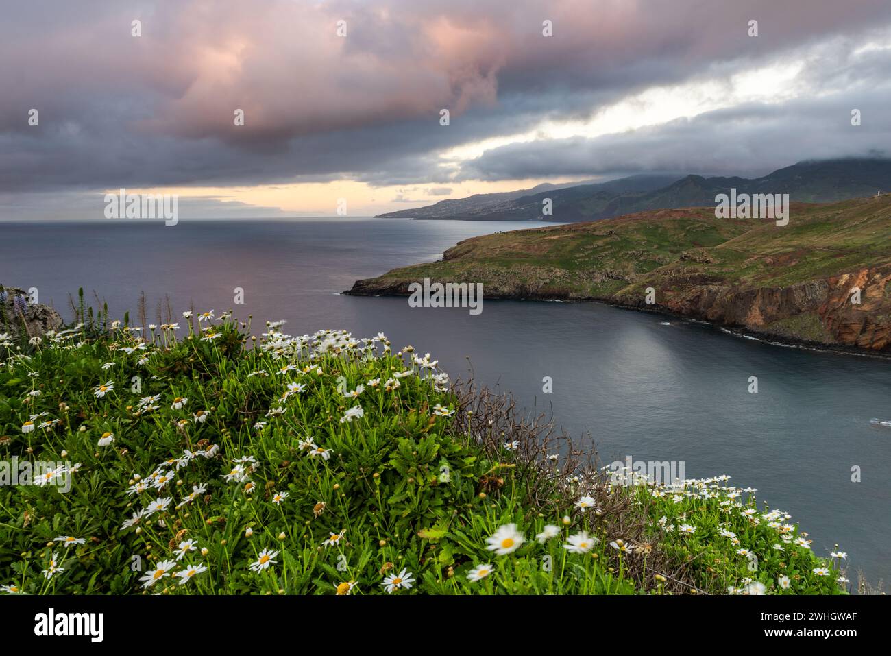 Ponta de Sao Lourenco, Madeira peninsula at sunrise. Green cliffs ...