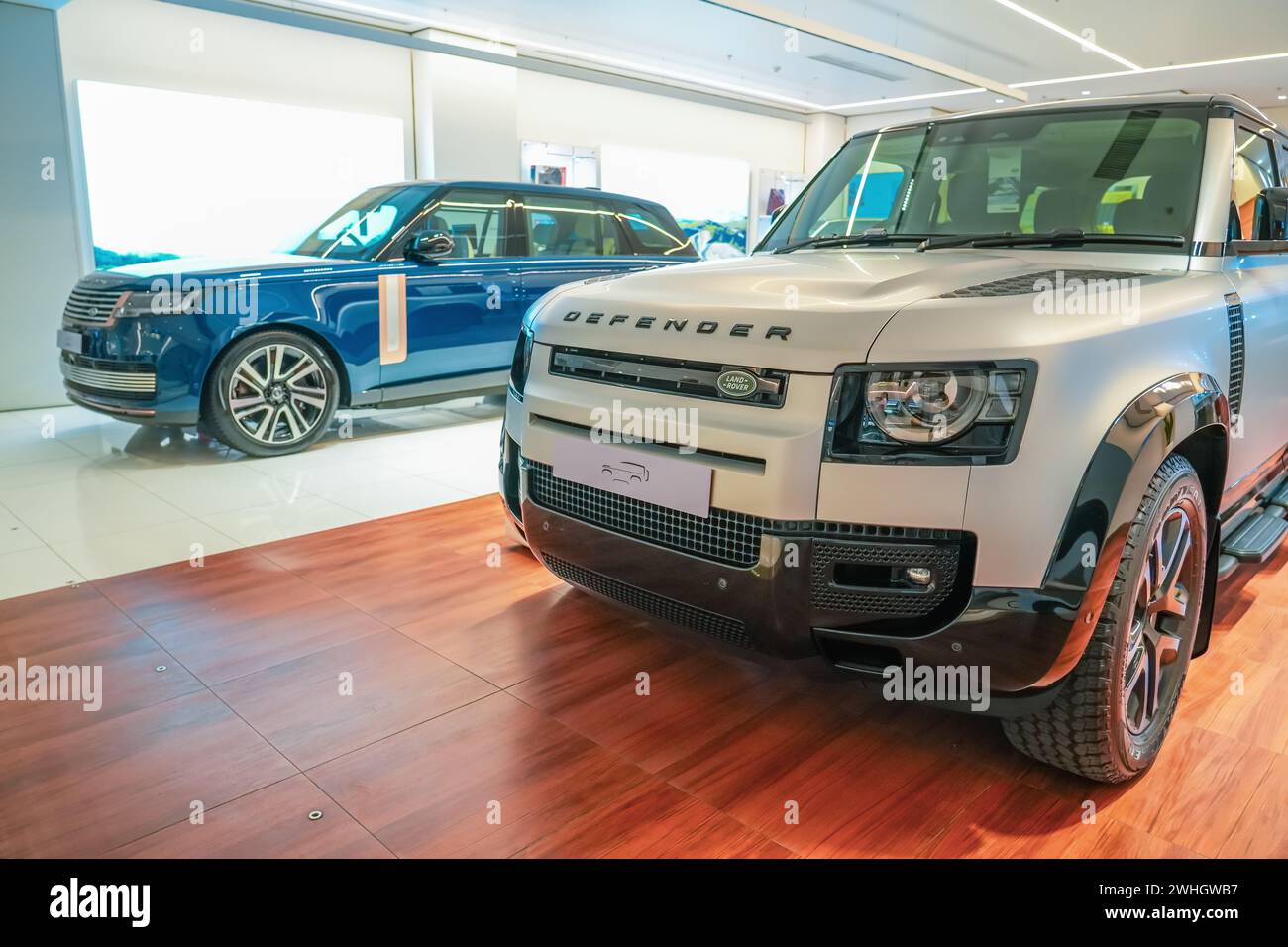 Land Rover Defender silver gray in the showroom on the shop showcase ...