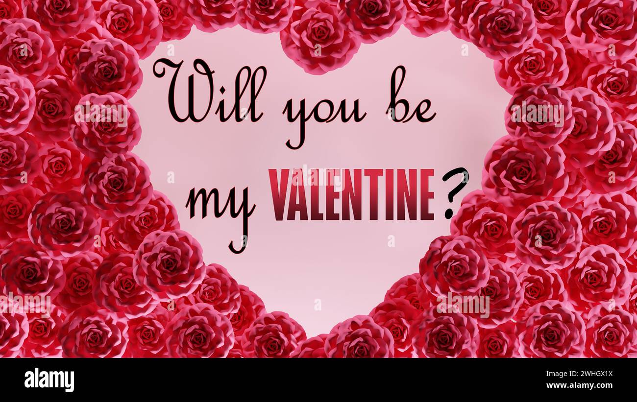 Will you be my valentine text isolated on pink lovely roses heart frame ...