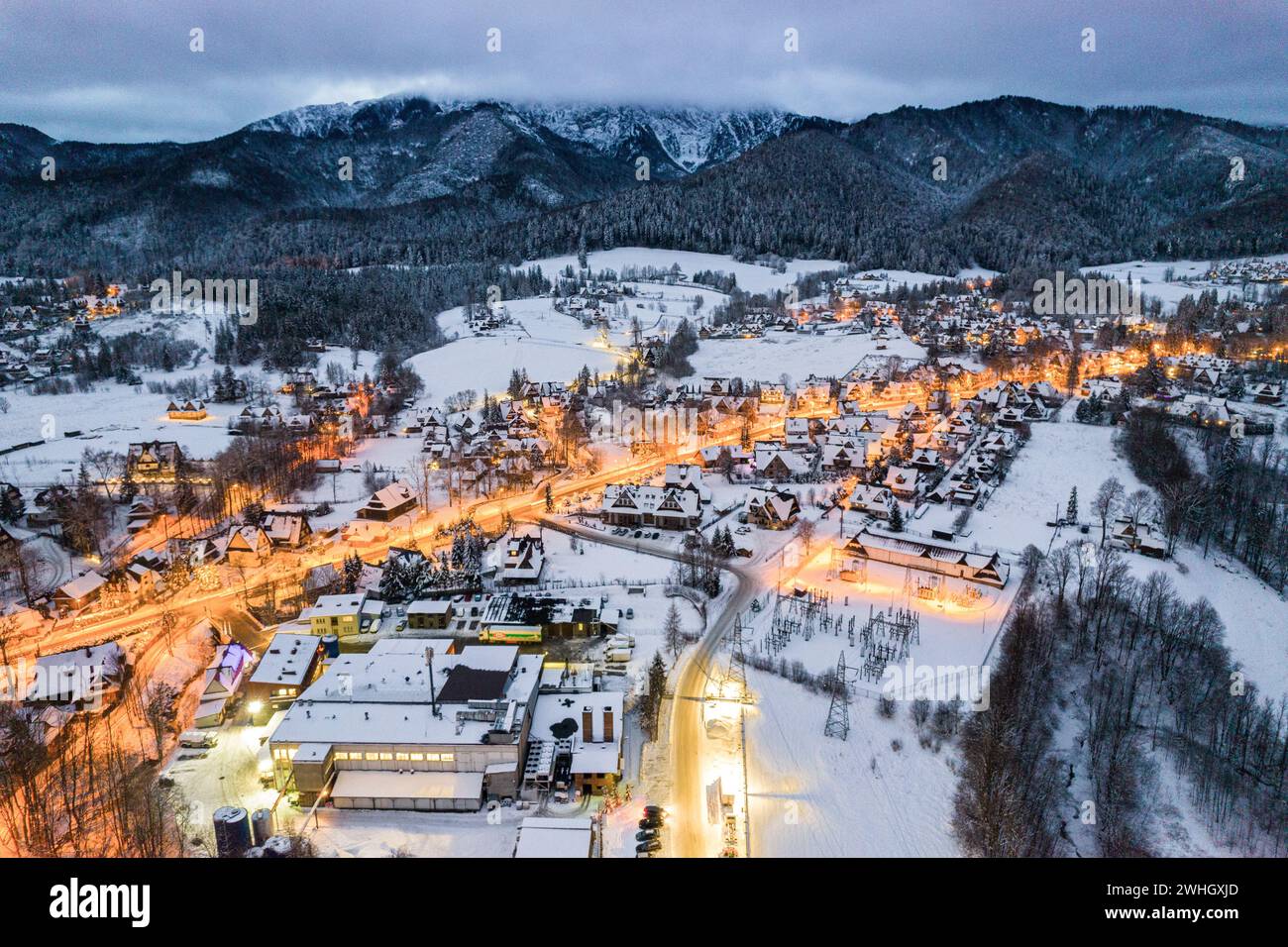 Winter in Zakopane,Poland. Snowy cityscape with Giewont Mount, Aerial ...