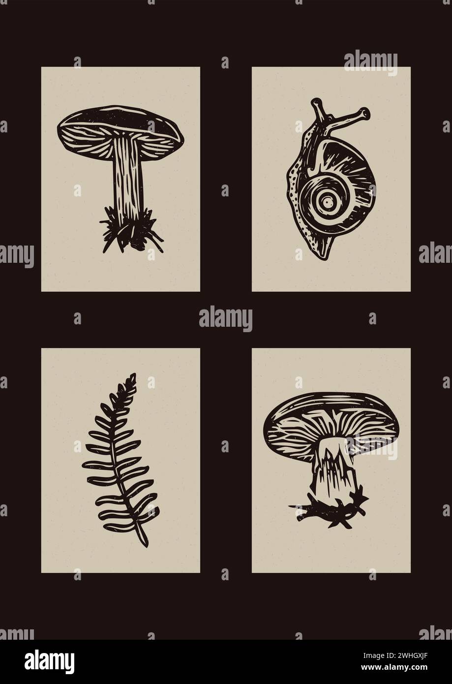 Handmade linocut fern mushroom vector snail motif clipart in folkart ...