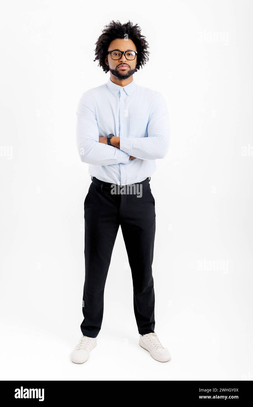 Vertical full length portrait of hight skilled African-American ...