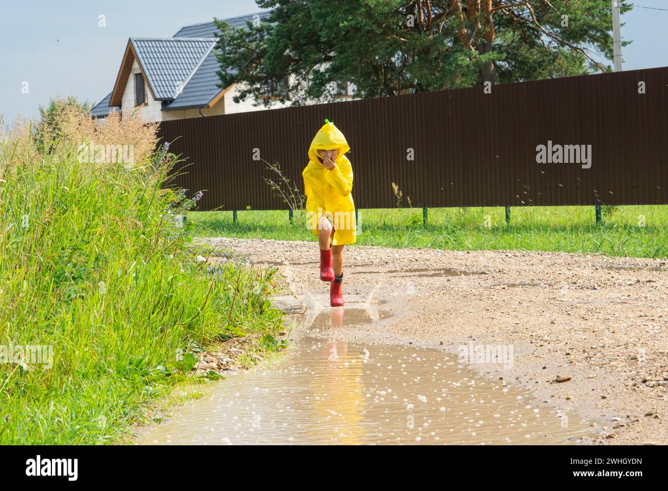A girl in red rubber boots and a yellow raincoat runs through puddles ...