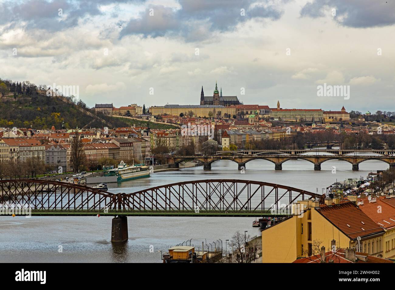 View from Vysehrad hill over the moldova river, the bridges and the ...