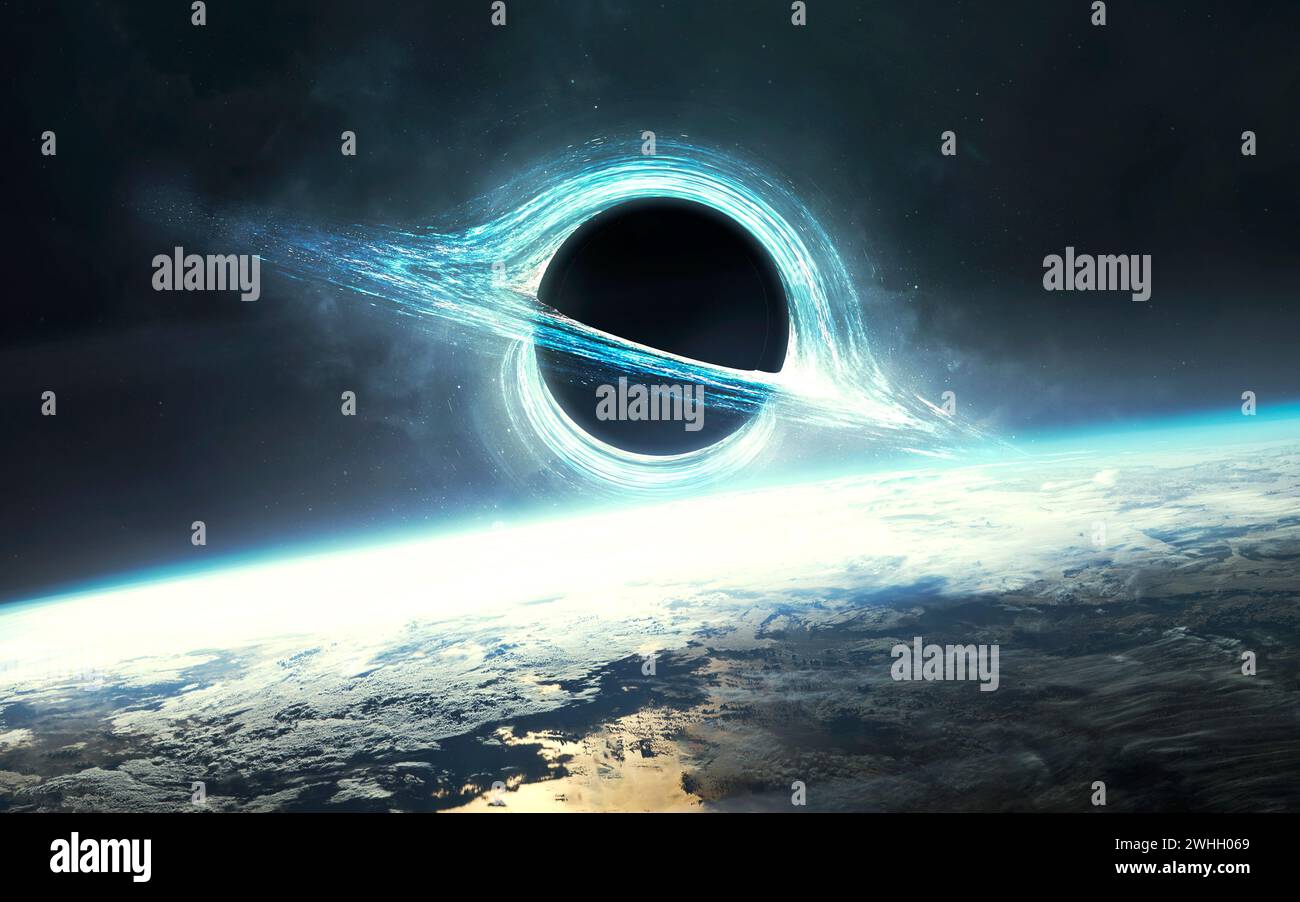 3D illustration of Black hole absorbing light in deep space. 5K ...