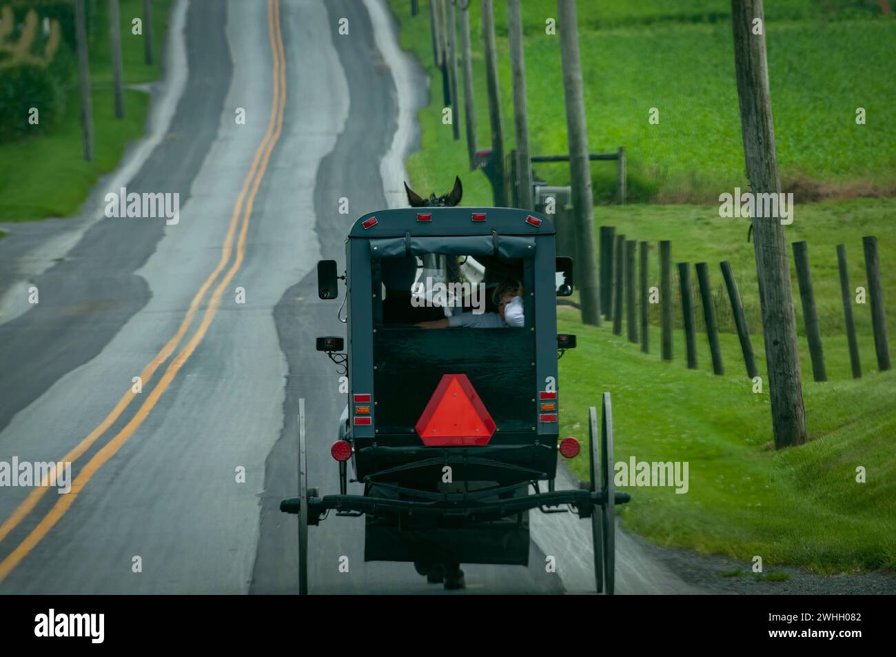 Rear View of an Amish Horse and Buggy traveling Down a Rural Road Stock ...