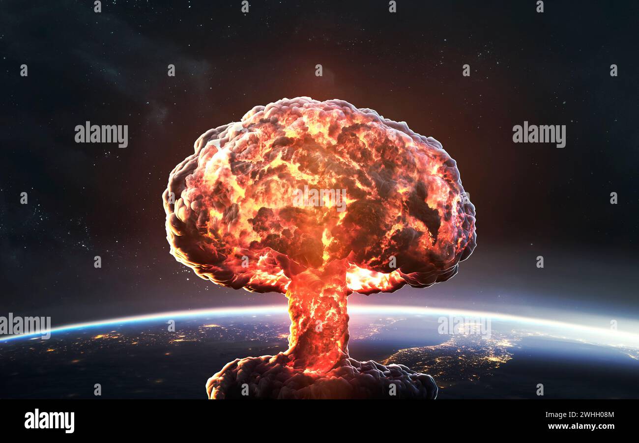 3D illustration of Nuclear explosion over planet earth. World war, end ...