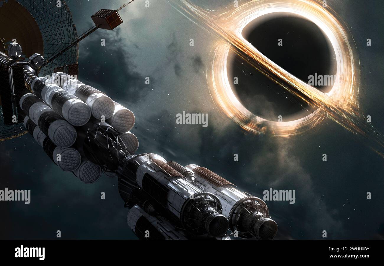 3D illustration of Black hole absorbing light in deep space. 5K ...