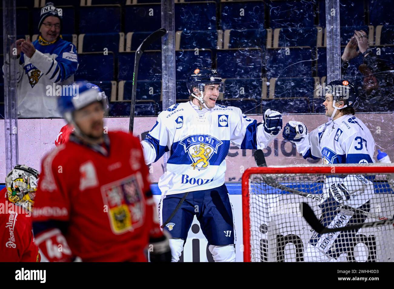 Karlstad 20240210Finland's Arttu Hyry (center) scores 1-0 during ...