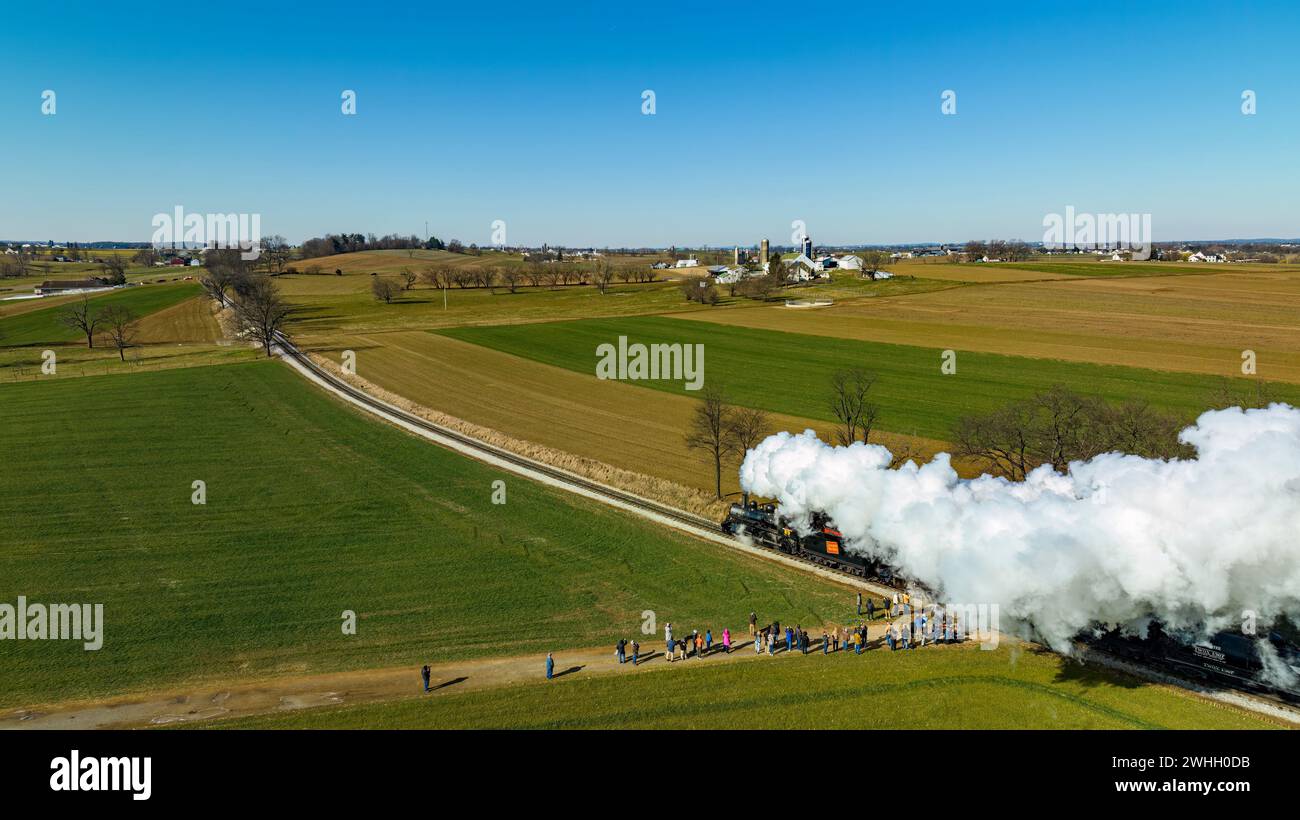 Aerial of a Steam Double-Header Freight , Passenger Combo Train ...