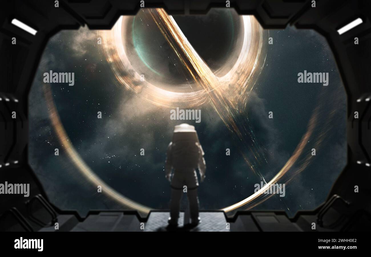 Astronaut looks at black hole and event horizon. 5K realistic science ...