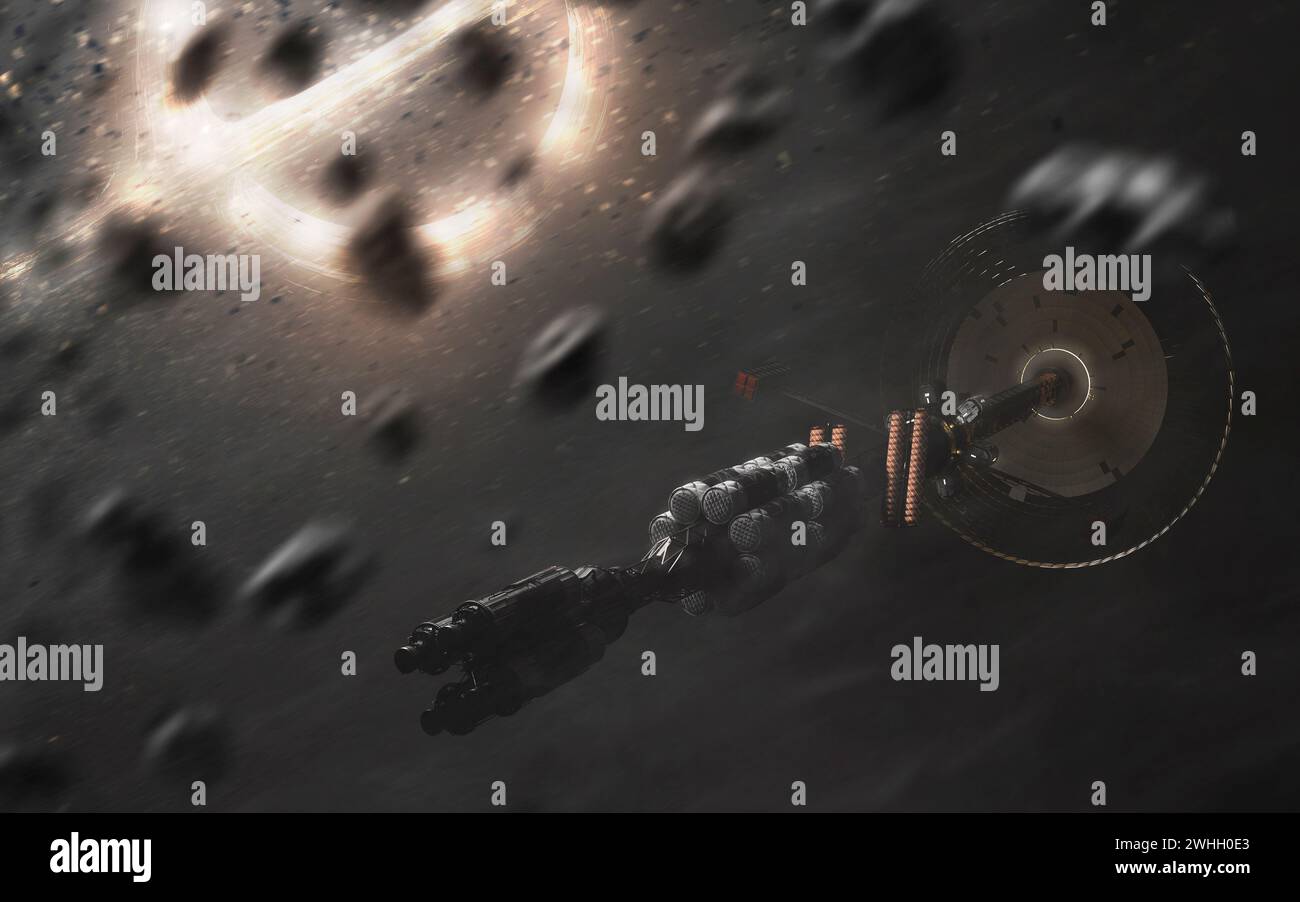 3D illustration of Black hole absorbing light in deep space. 5K ...