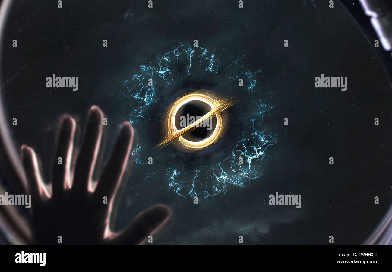 3D illustration of Black hole absorbing light in deep space. 5K ...