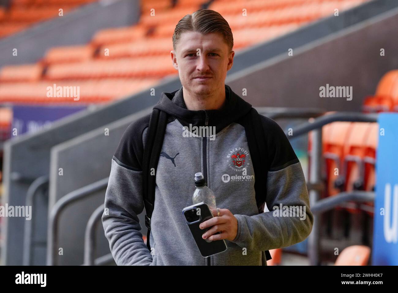 George Byers of Blackpool arrives at the stadium before the Sky Bet ...
