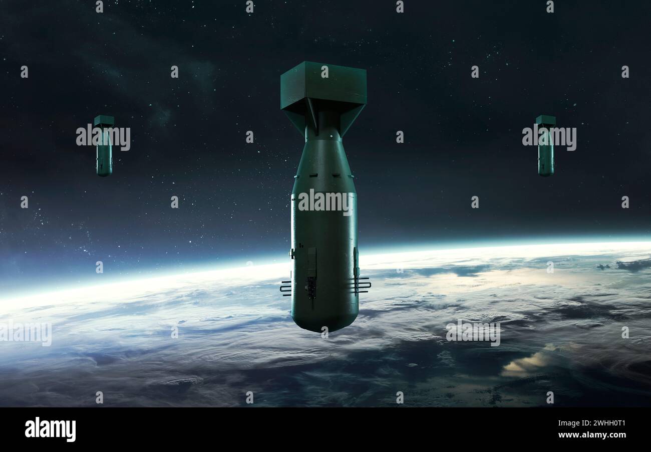 3D illustration of Nuclear bombs seen from space. World war, end of ...