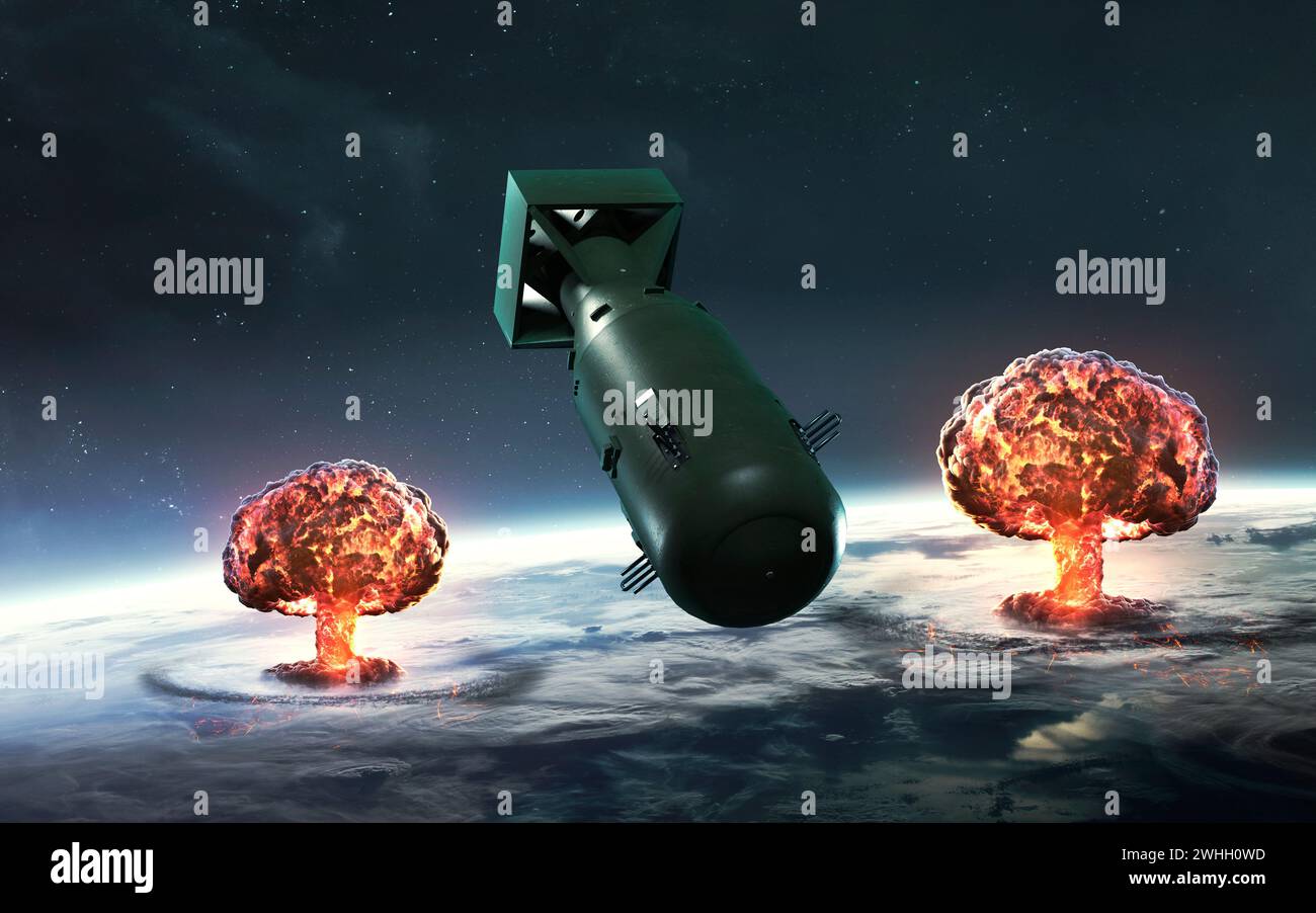 3D illustration of Nuclear explosion over planet earth. World war, end ...