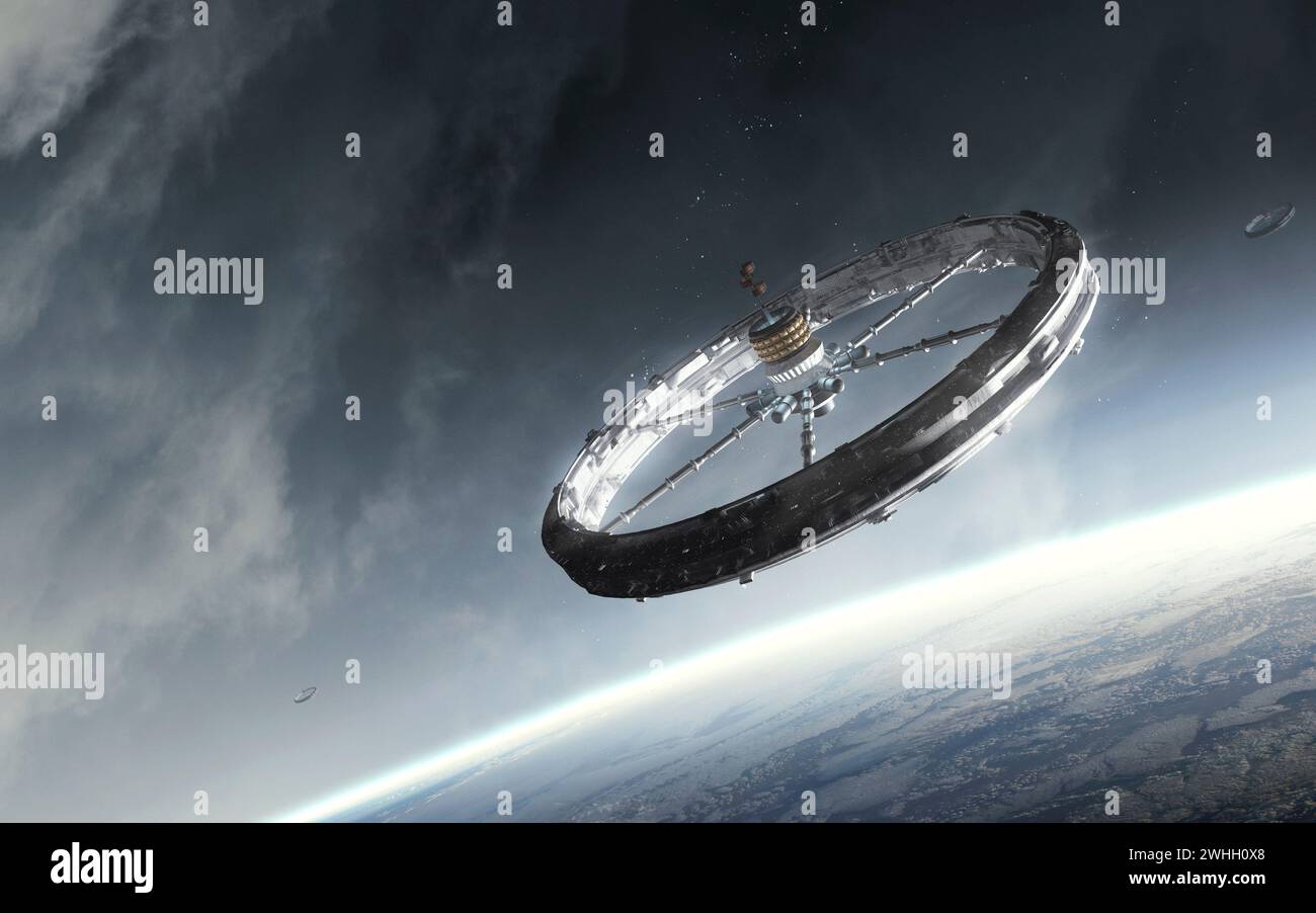 3D illustration of ring space station orbiting earth. 5K realistic science fiction art. Elements ...