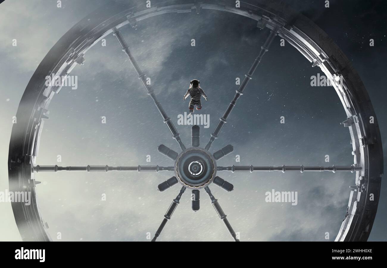 3D illustration of astronaut near space station. 5K realistic science ...