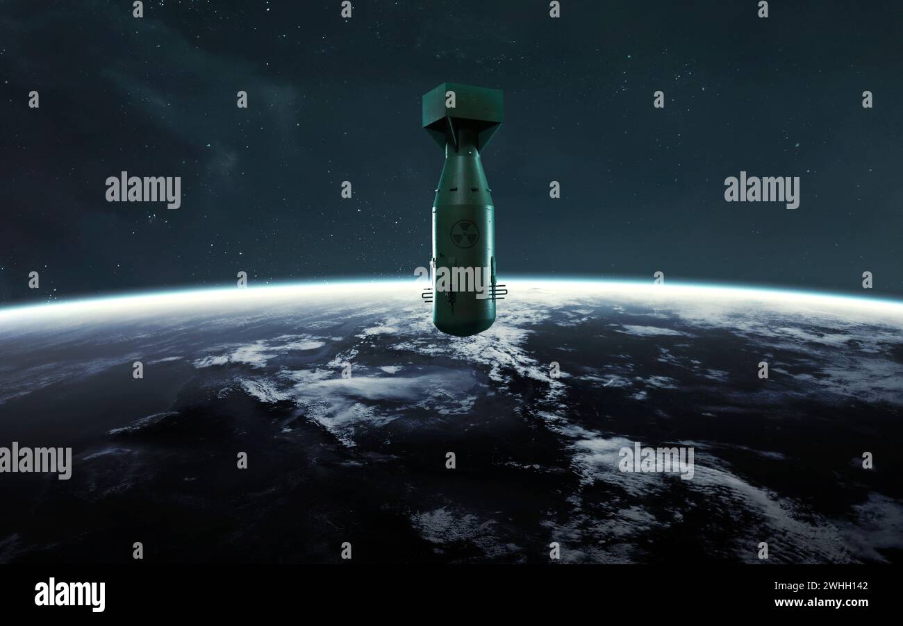 3D illustration of Nuclear bomb over planet earth. World war, end of ...