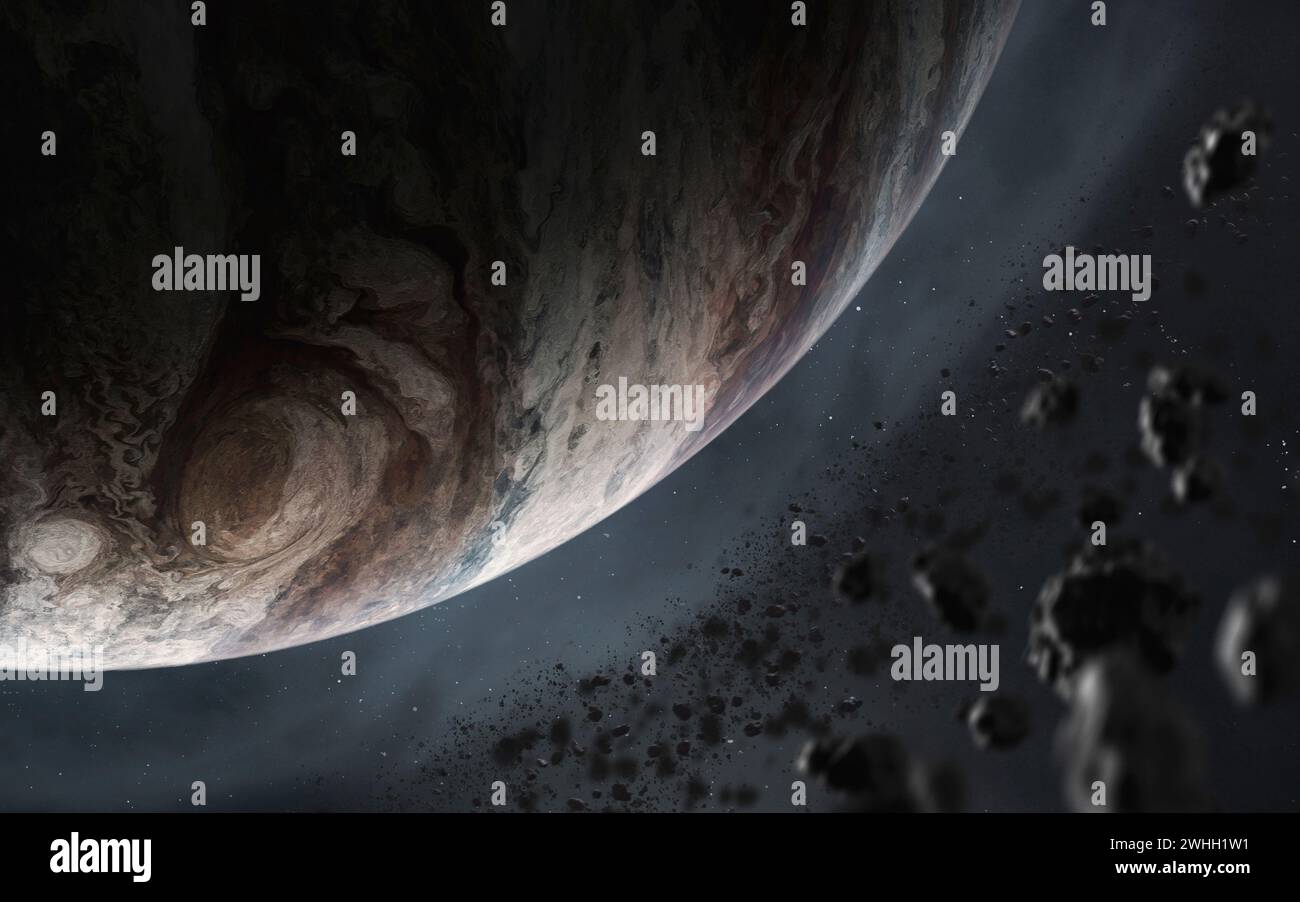 3D illustration of Jupiter with asteroid field. 5K realistic science ...