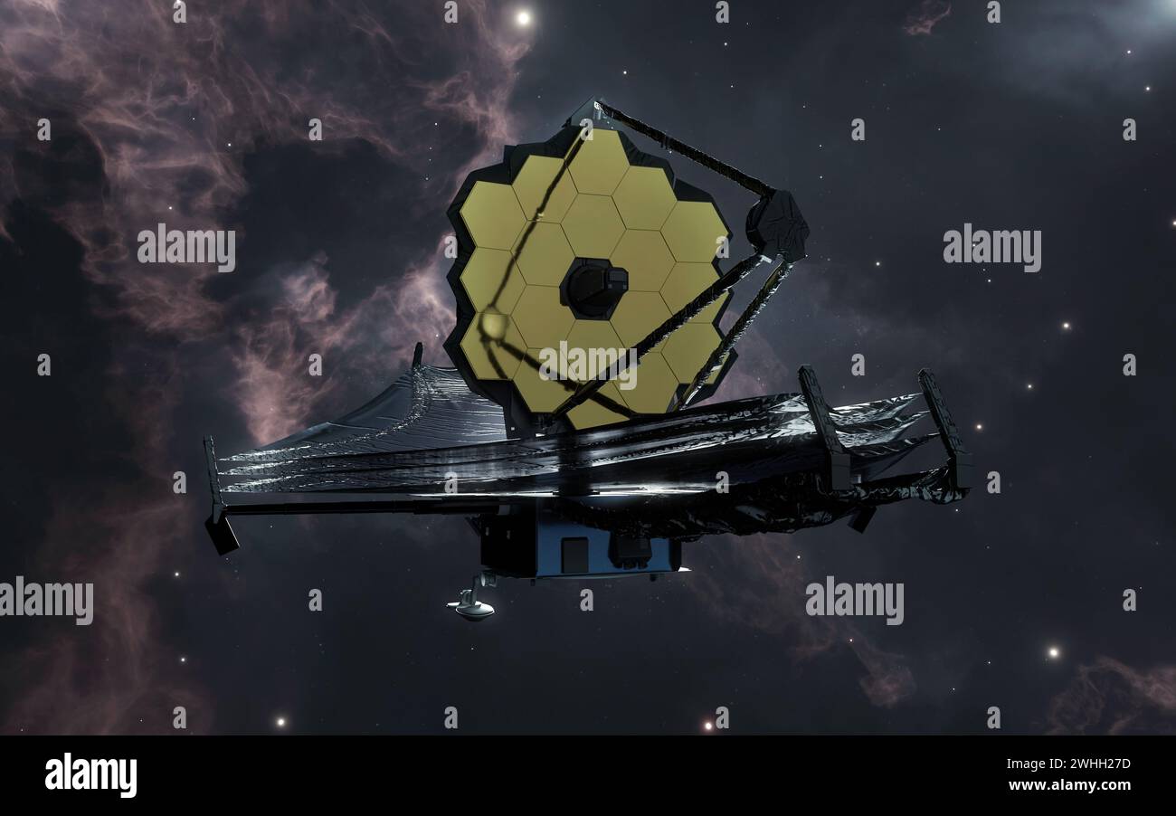 The James Webb telescope working. JWST launch art. Elements of image ...