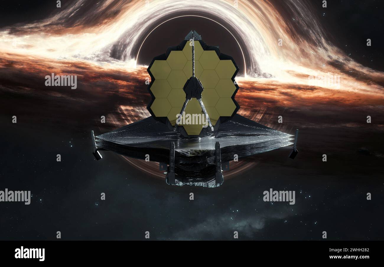 James Webb telescope explores black hole. JWST launch art. Elements of ...