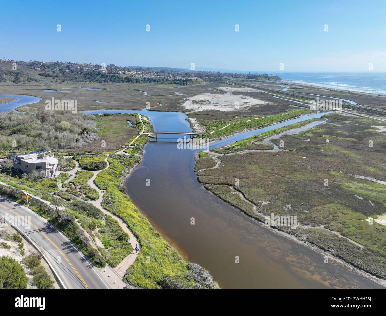 Aerial view of Los Penasquitos Lagoon wetland at San Diego, California ...