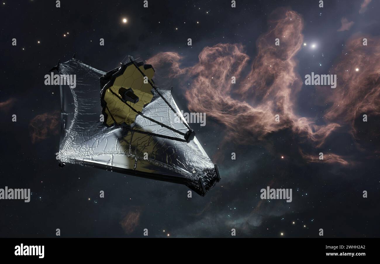 James Webb telescope explores deep space. JWST launch art. Elements of ...